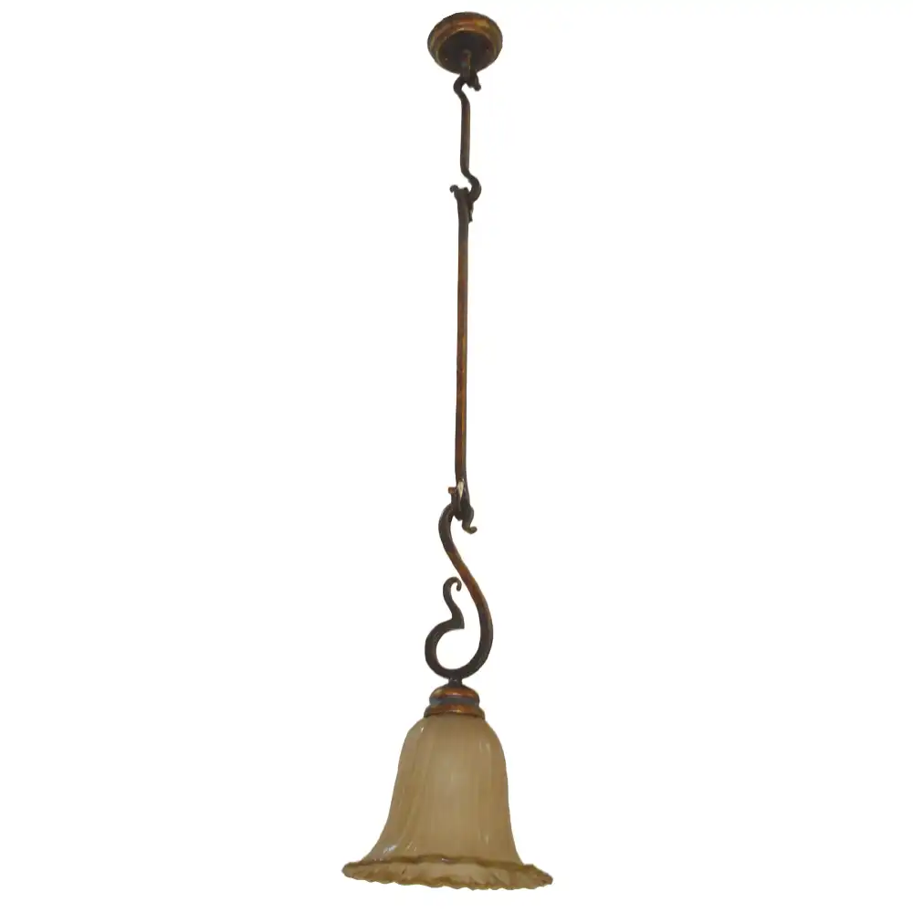 Vintage Scroll Metal Pendant Light with Amber Glass Shade – 1-Light ...